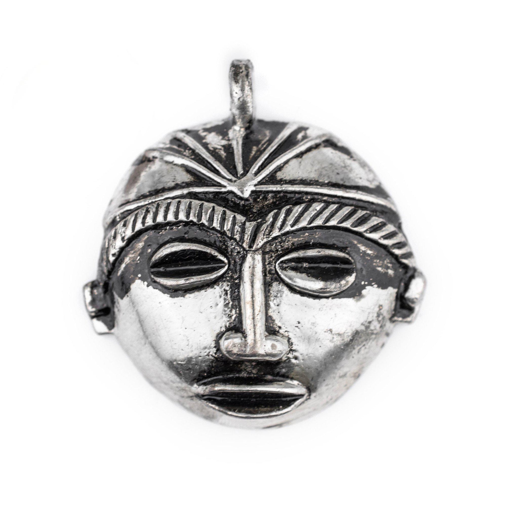 Round African Silver Mask Pendant (58x62mm) — The Bead Chest