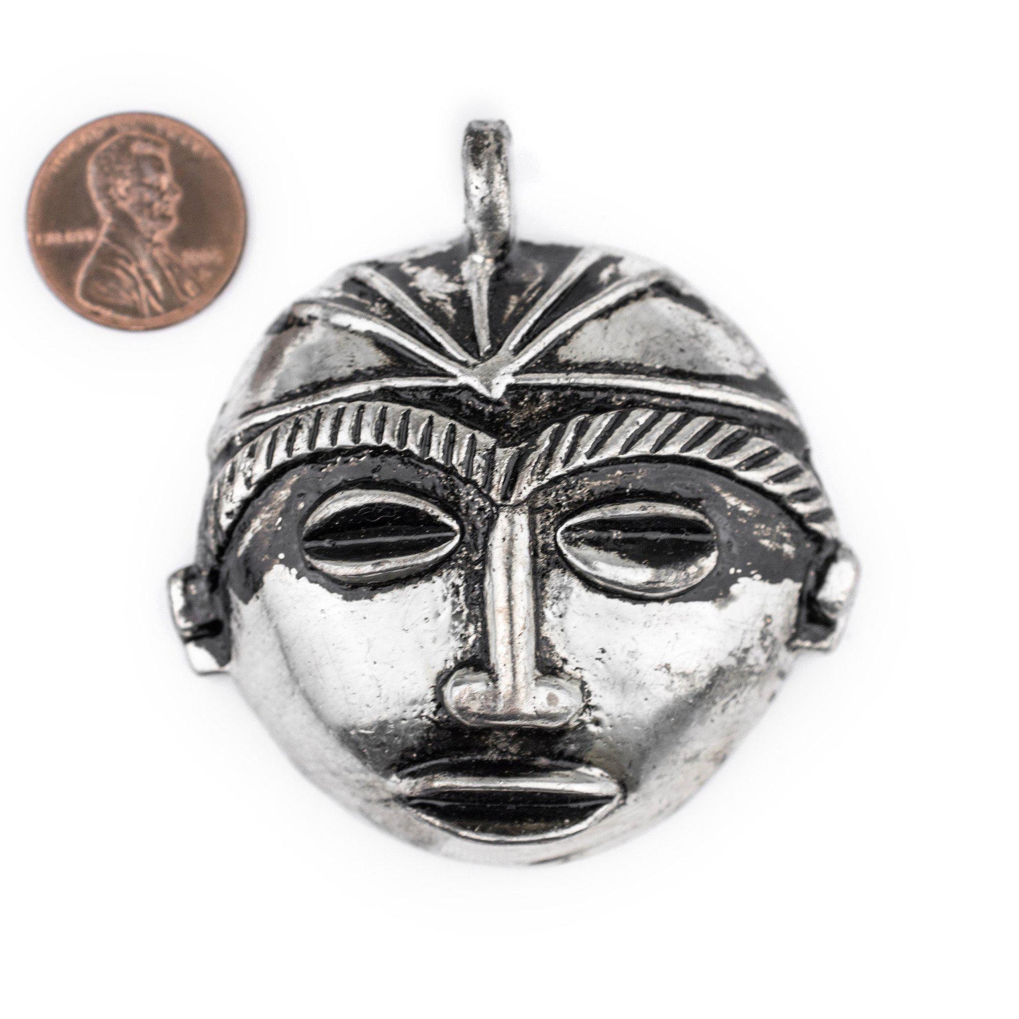 Round African Silver Mask Pendant (58x62mm) — The Bead Chest